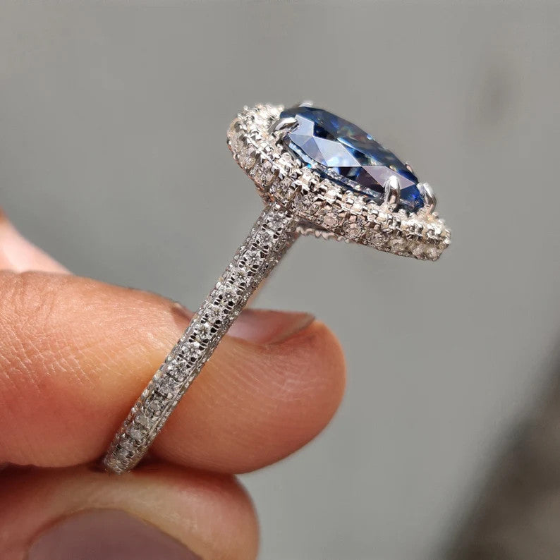 Halo Pear Cut Blue Stone Engagement Ring Three Sided Pave In Sterling ...