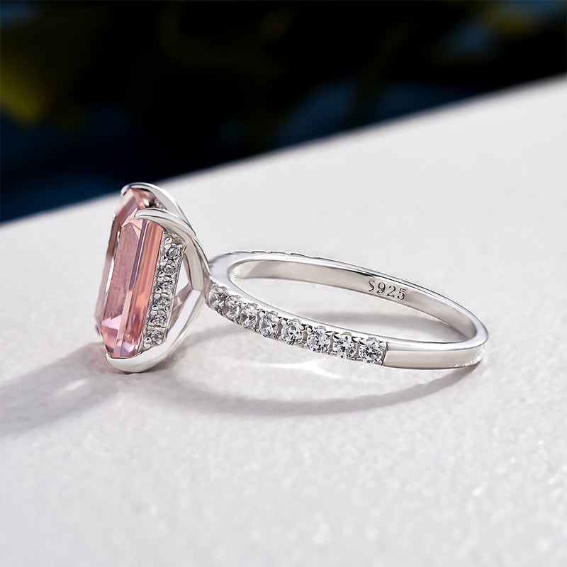 Hidden Halo Emerald Cut Morganite Pink Engagement Ring In Sterling ...