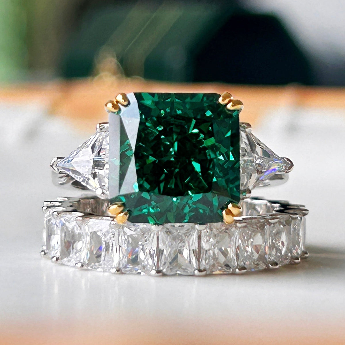 Emerald Green Radiant Cut Three Stone Wedding Ring & Eternity Band ...