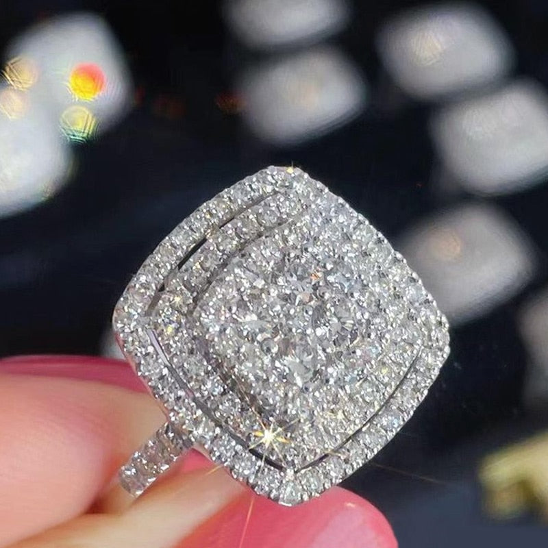 Shiny Halo Square Shape Ring Engagement Party Ring In Sterling Silver ...