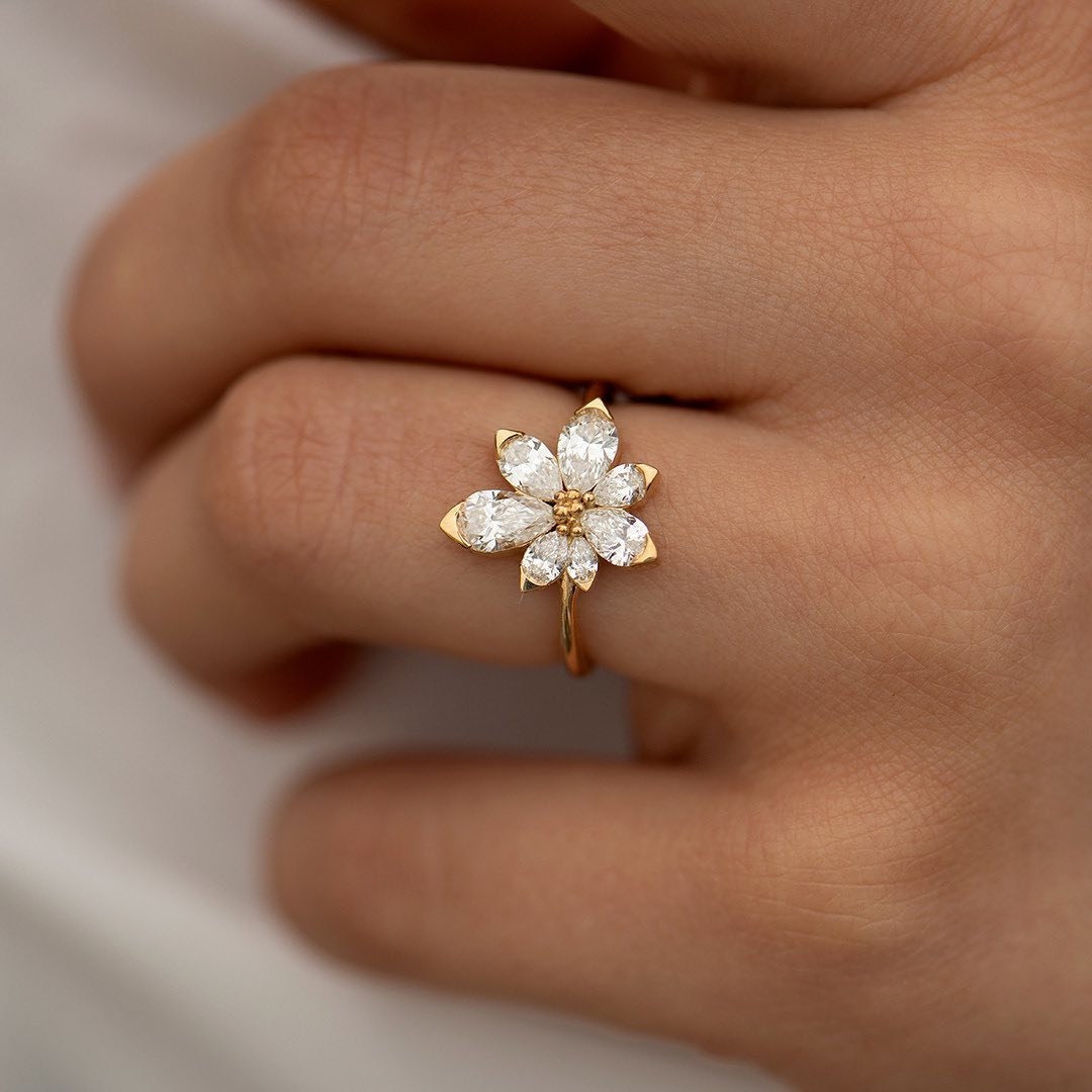 Pear Cut Flower Design Asymmetric Blossom Engagement Ring – shine of ...