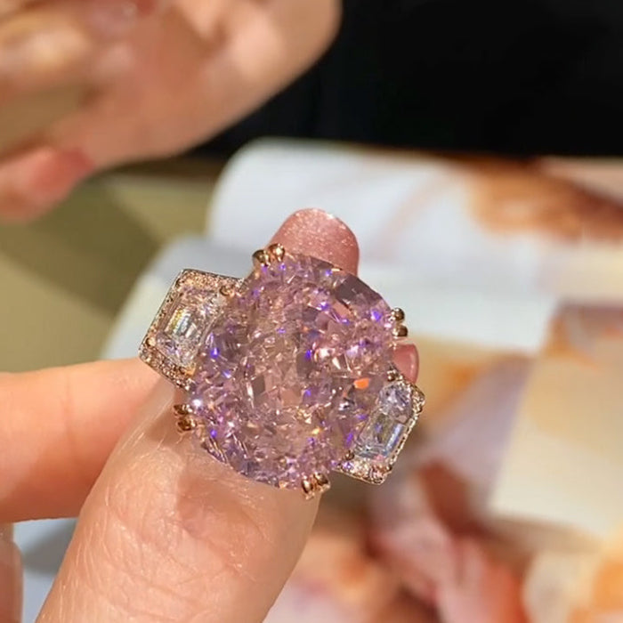 Three Stone Radiant Cut Pink Engagement Ring in Sterling Silver – Shine ...