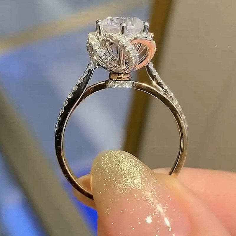 Twist shank Design Flower Round Cut Engagement Ring in Sterling Silver ...