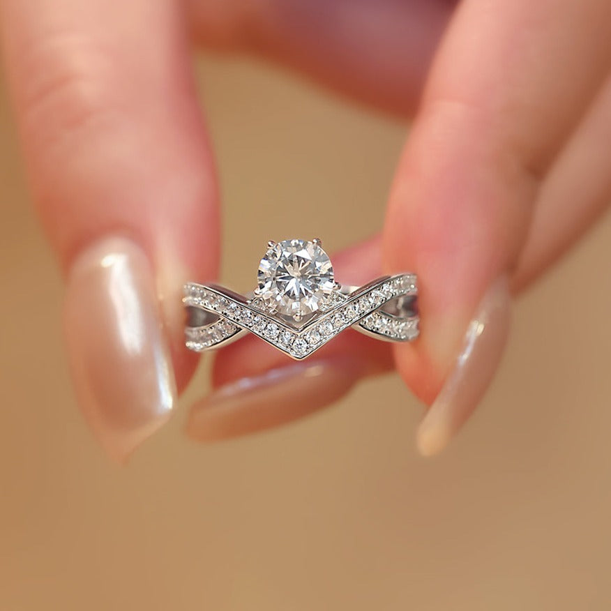 V Shape Split Shank Round Cut Sterling Silver Engagement Ring – Shine ...