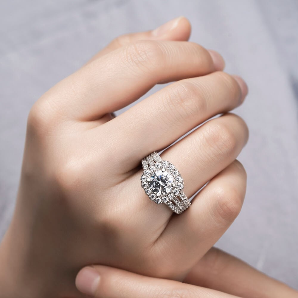 3.25ct Round Cut Sterling Silver Halo Triple Band Engagement Ring ...