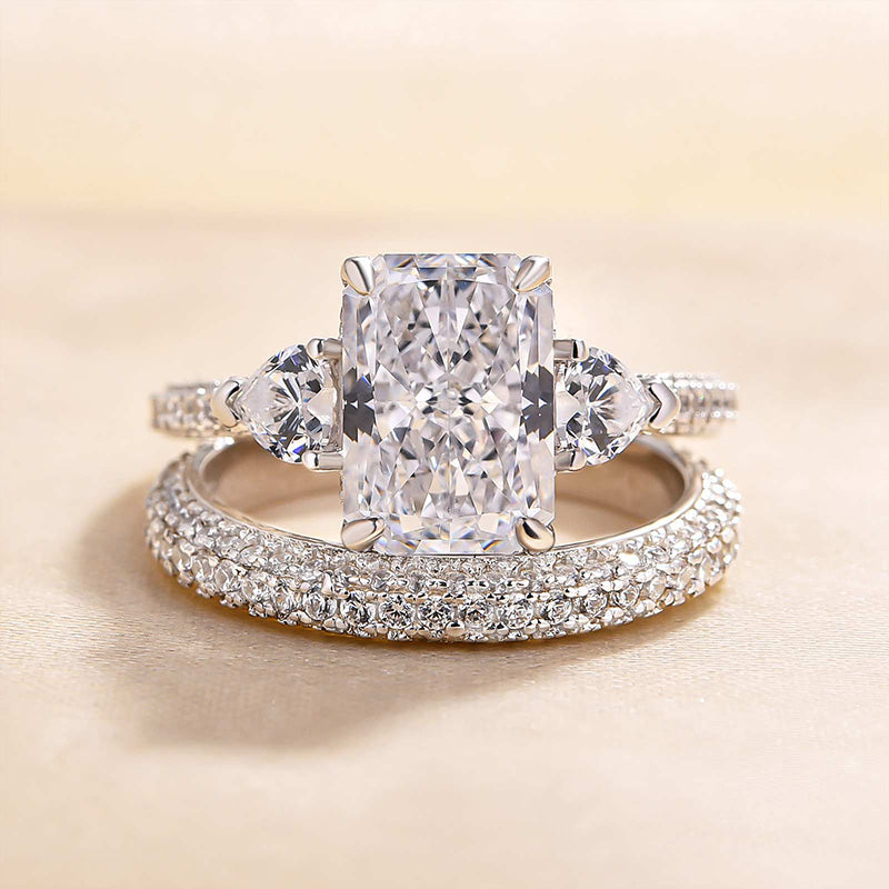 2 pcs Radiant Cut Three Stone Wedding Ring Bridal Set In Sterling Silv ...